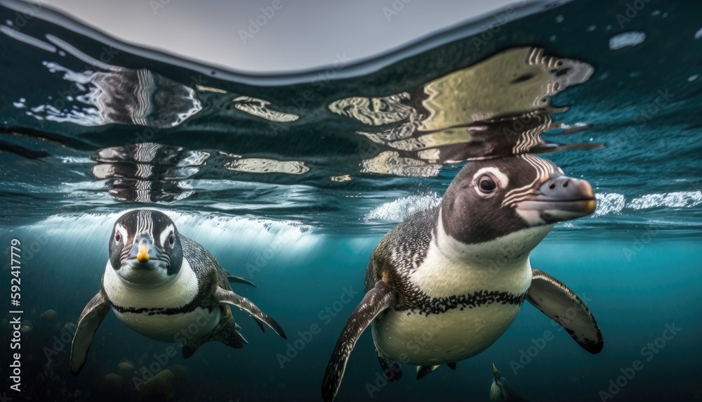 Split shot. A flock of African penguins diving in ocean. Underwater ...