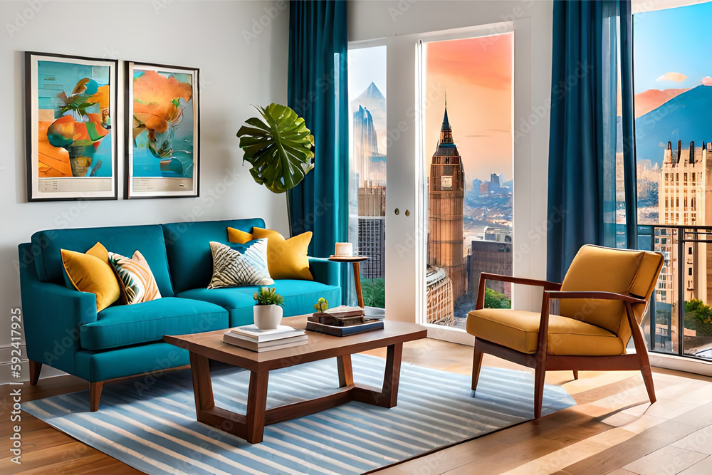 Interior design of a travel-inspired living room that incorporates ...