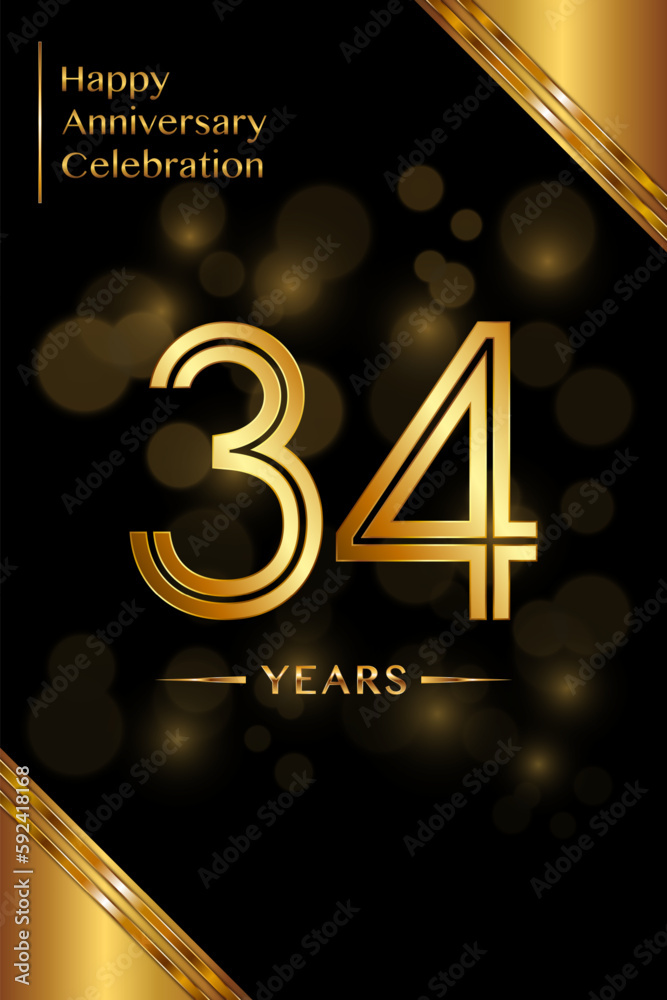34th Anniversary template design with double line numbers. Golden ...