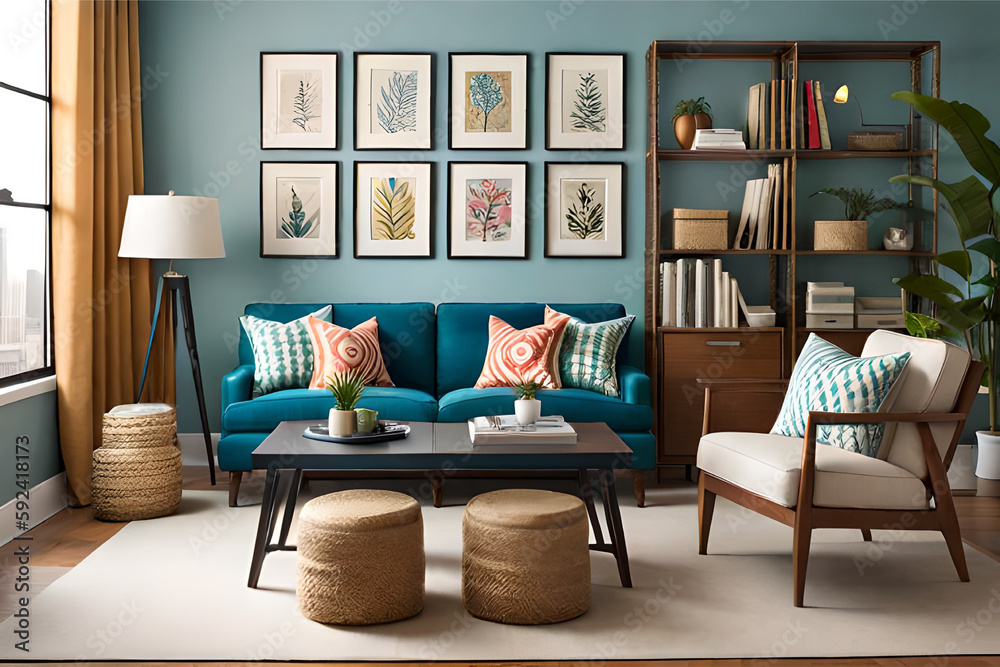 Interior design of a travel-inspired living room that incorporates ...