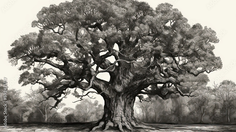 Ancient Oak Tree with Branches: Unique Hand-Drawn Vintage Engraving of ...