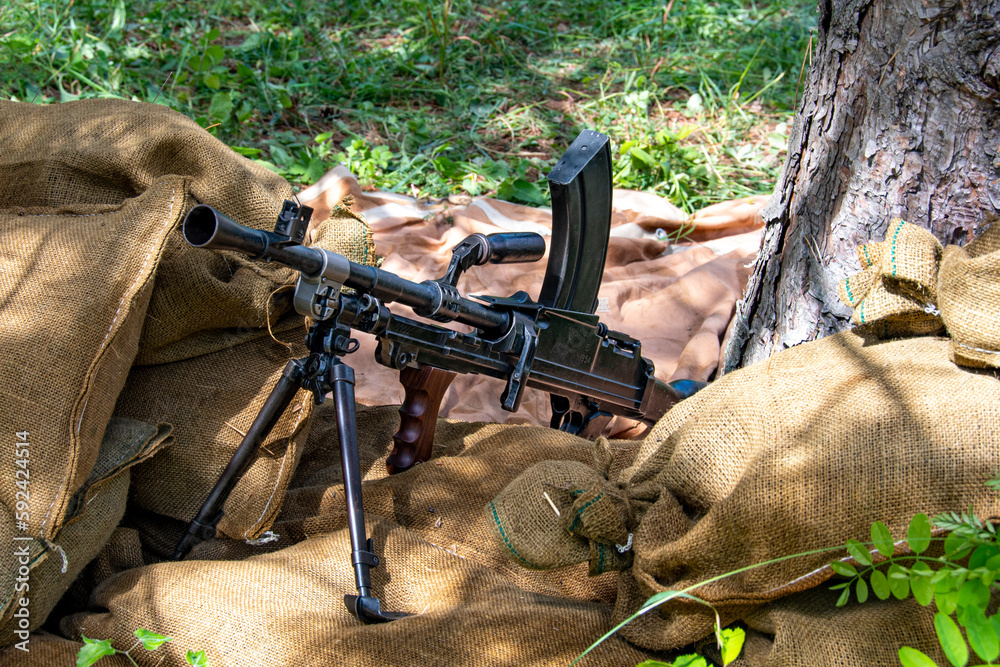 WW2 british Bren machine gun on sandbags next to a tree foto de Stock ...