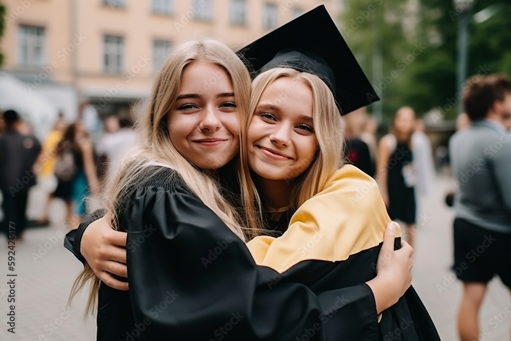 Melhores amigas posando e se abraçando após a formatura Stock ...