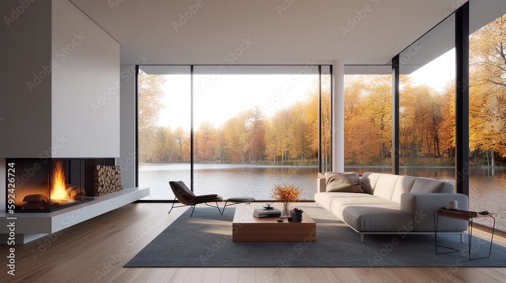 Scenic Fall lake fireplace background Online webinar virtual meeting ...