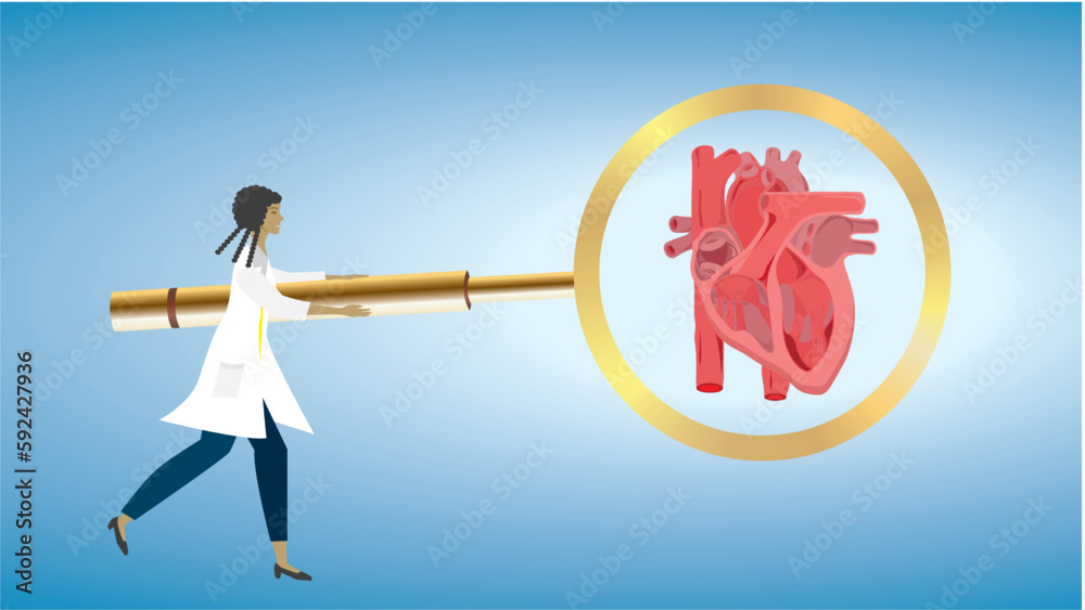 Woman, doctor, researcher, surgeon taking a good look at heart with big ...