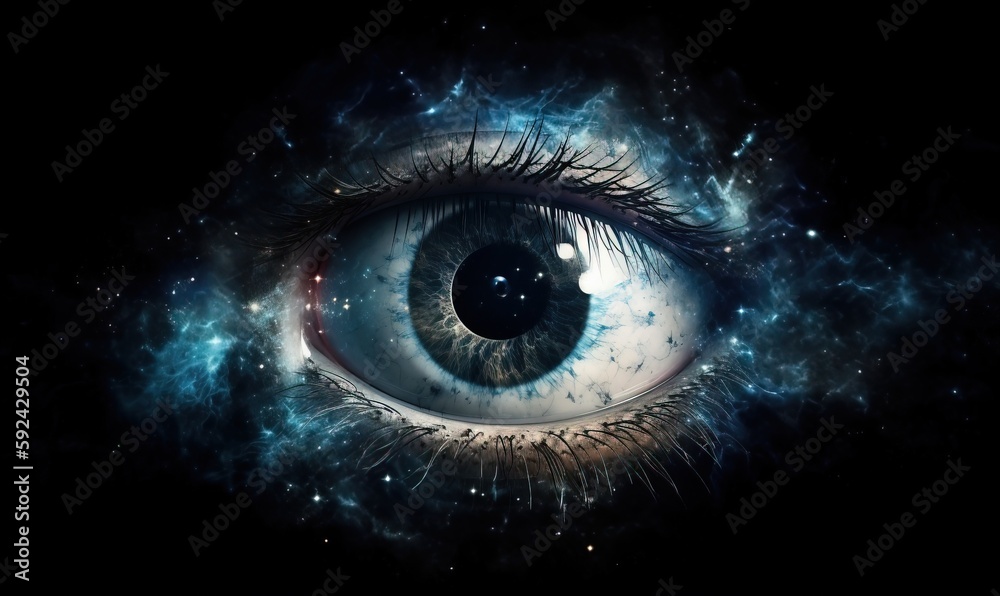 a close up of a blue eye with stars in the sky in the center of the eye ...