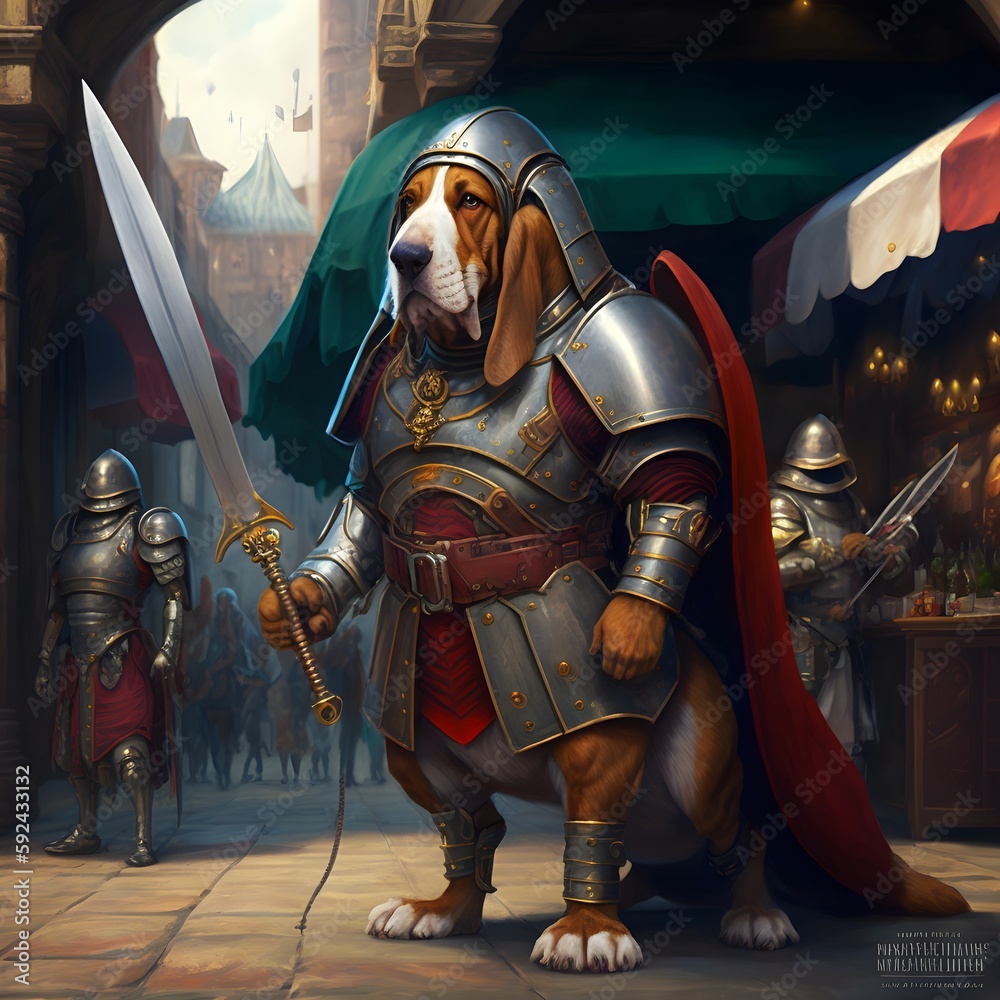 Basset Hound warrior with warhammer armor redwall art style full body ...