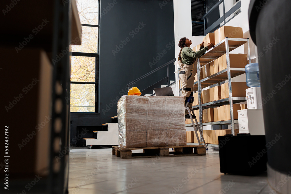 Storehouse worker taking out cardboard box from metallic shelf, working ...