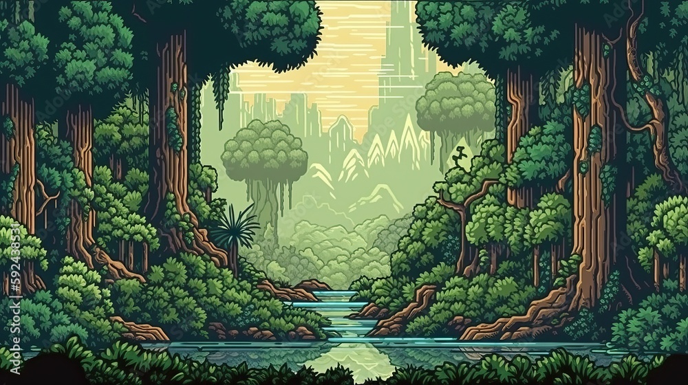 Forest, Retro computer games level. Pixel art video game scene 8 bit. Generative AI Stock ...