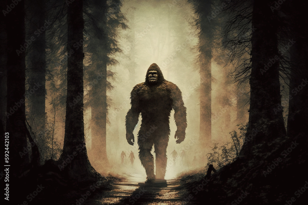 Bigfoot or sasquatch in the forest mysterious furry creature, created with Generative AI ...