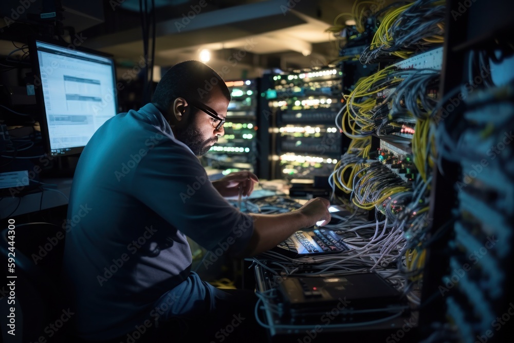 Technician engaged in an action of cabling and configuring network ...