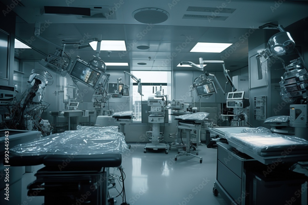 Operating room, with the robotic medical instruments in the foreground ...