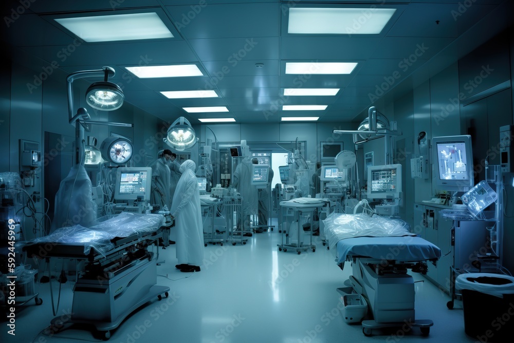 Operating room, with the robotic medical instruments in the foreground ...