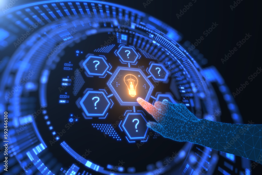 Holographic hand touching virtual screen. Concept of creative idea and ...