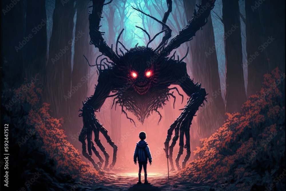 Dark fantasy illustration of a torch-bearing child confronting an ...