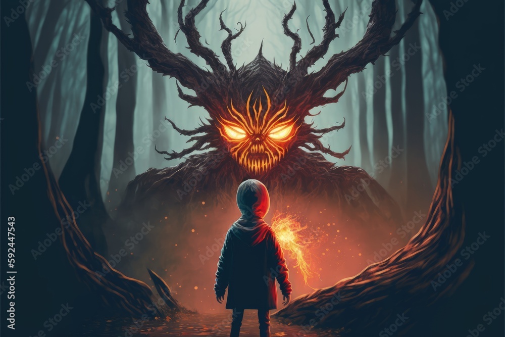 Dark fantasy illustration of a torch-bearing child confronting an ...