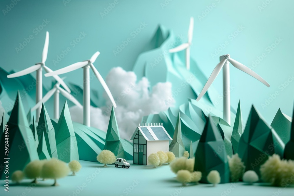 Paper art , renewable energy with green energy as wind turbines ...