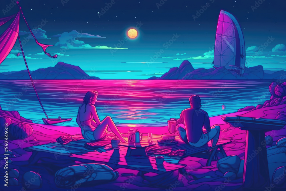 Retro synthwave styled romantic couple spending time together at picnic ...