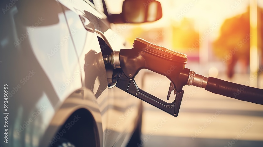 A customer filling up their car at a gas station. The background be ...
