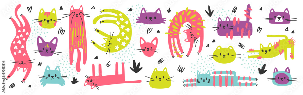 Large set of cats. Funny hand-drawn cats. Children's style vector ...