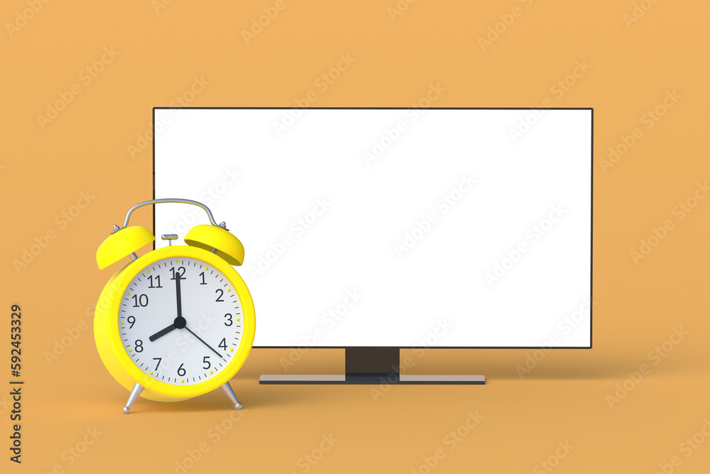 Modern tv with white isolated screen near alarm clock. Series release ...