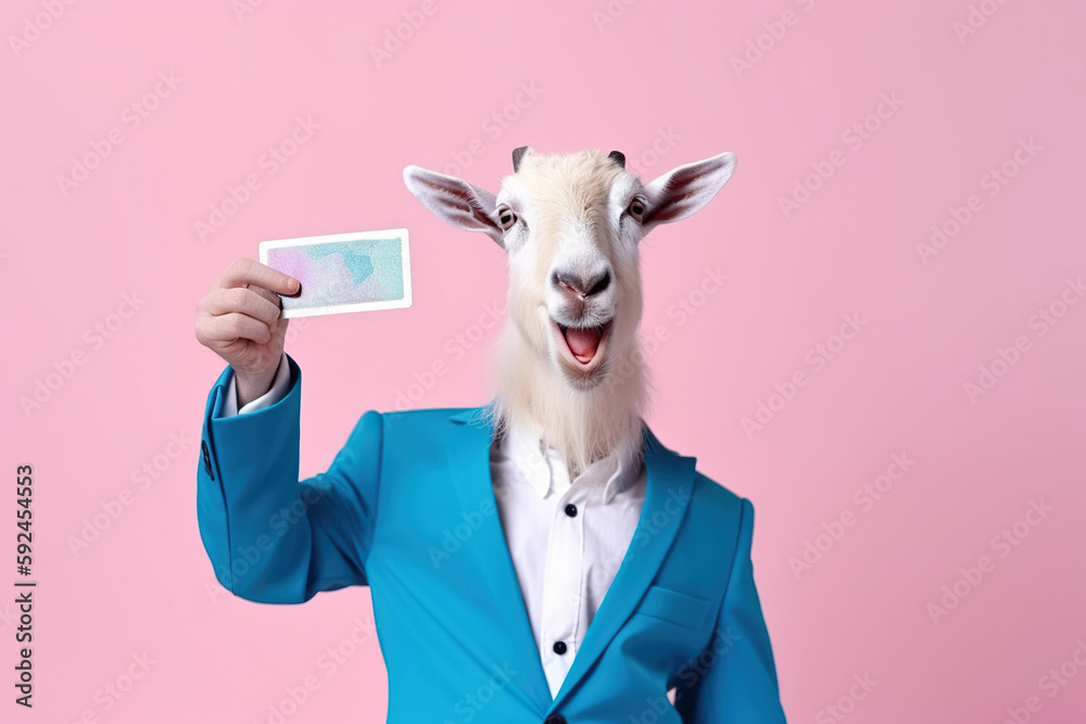 Studio shot of a excited goat in suit showing a bank credit card ...