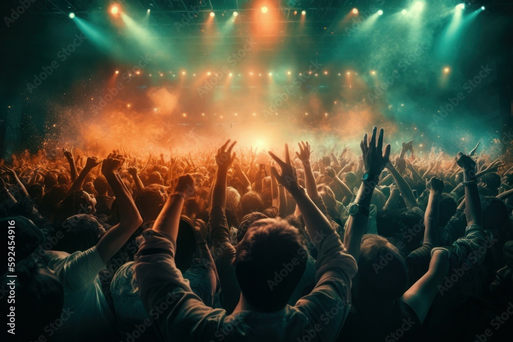 Poster Open air concert, crowd partying stage lights live concert ...