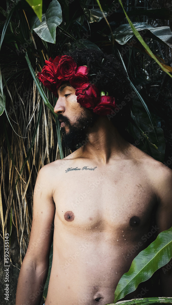 man in the rain, portrait of a man with roses on head, man in the ...