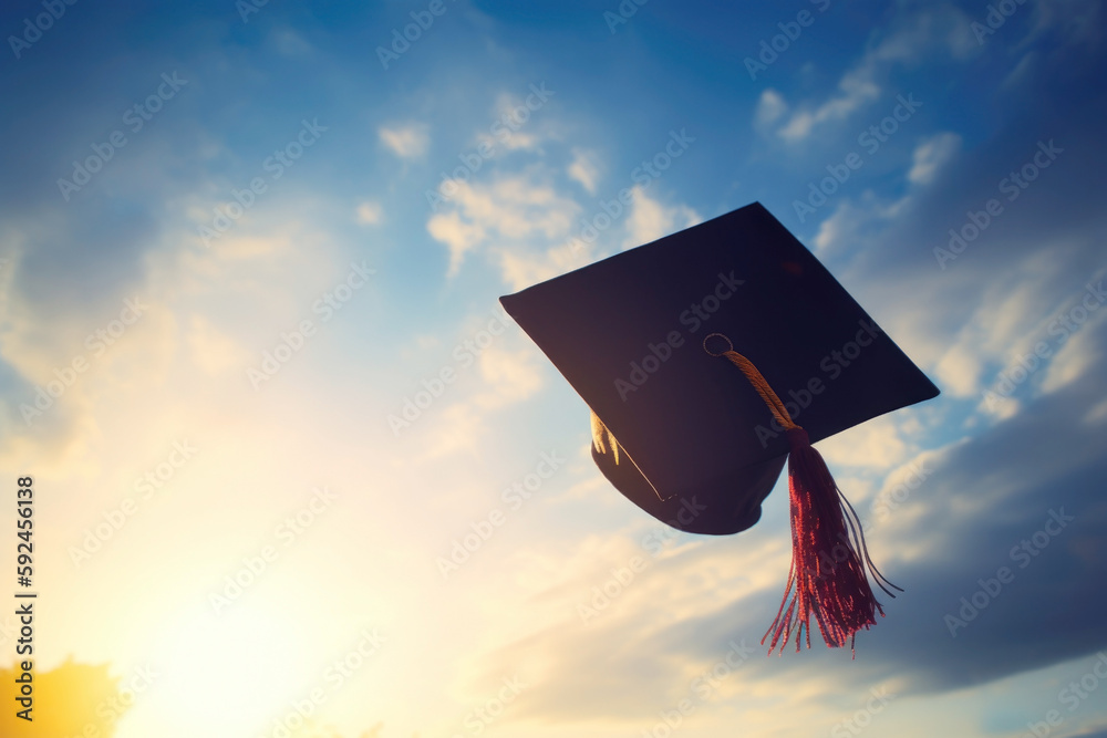 Graduation cap thrown into the blue sky. Graduation from an educational ...