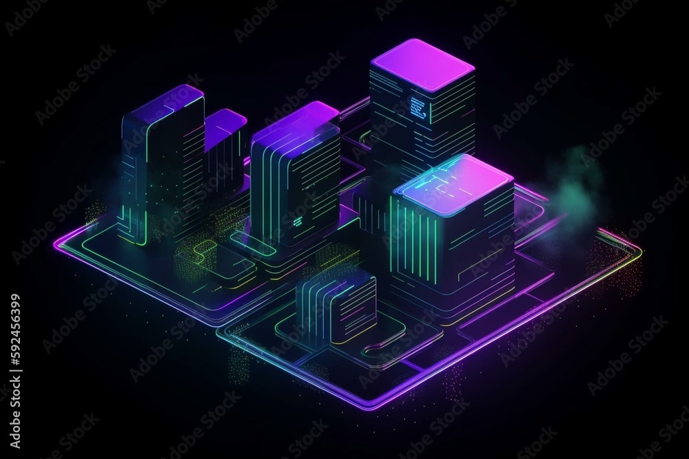 Cloud technology concept. Data center concept. Modern cloud technologies. Neon colors, cyber ...