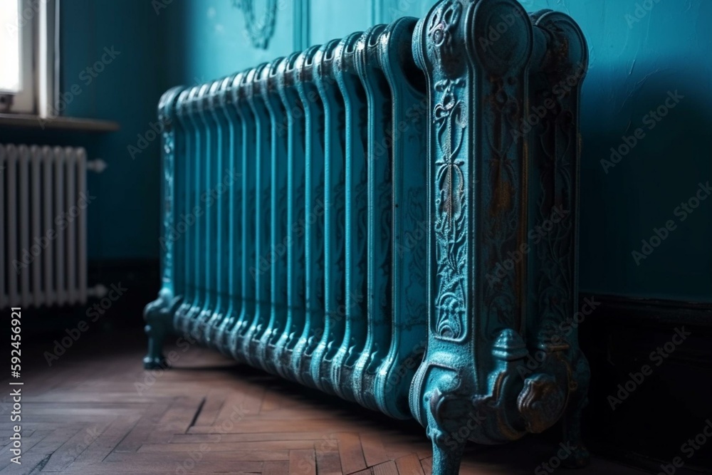 Old cast-iron heating radiator of blue color in the room close-up ...
