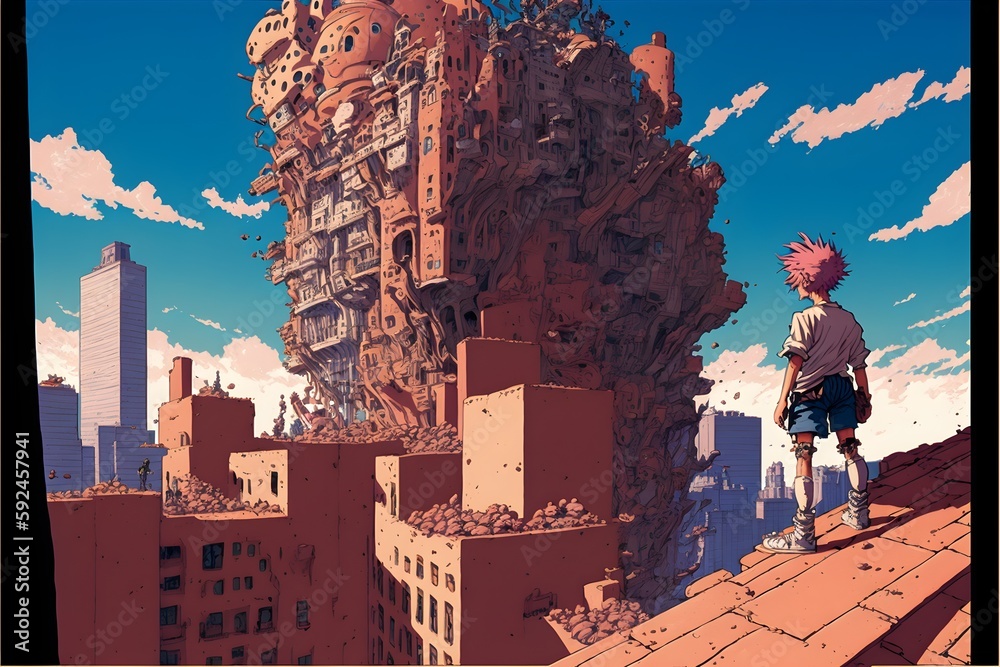small man finds ancient ruins on roof of skyscrapper in city made of ...