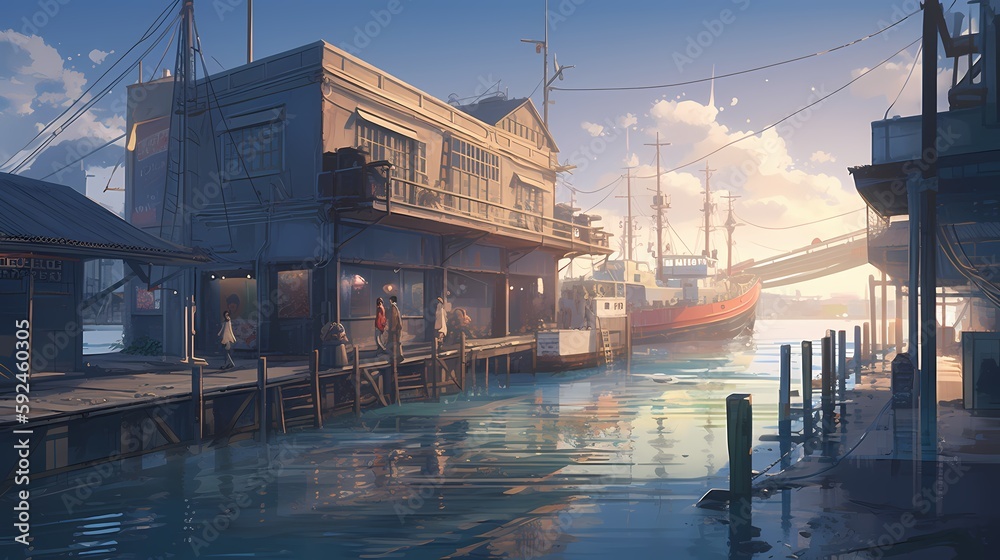 The Japan sea port anime illustration showcases the beauty and majesty ...