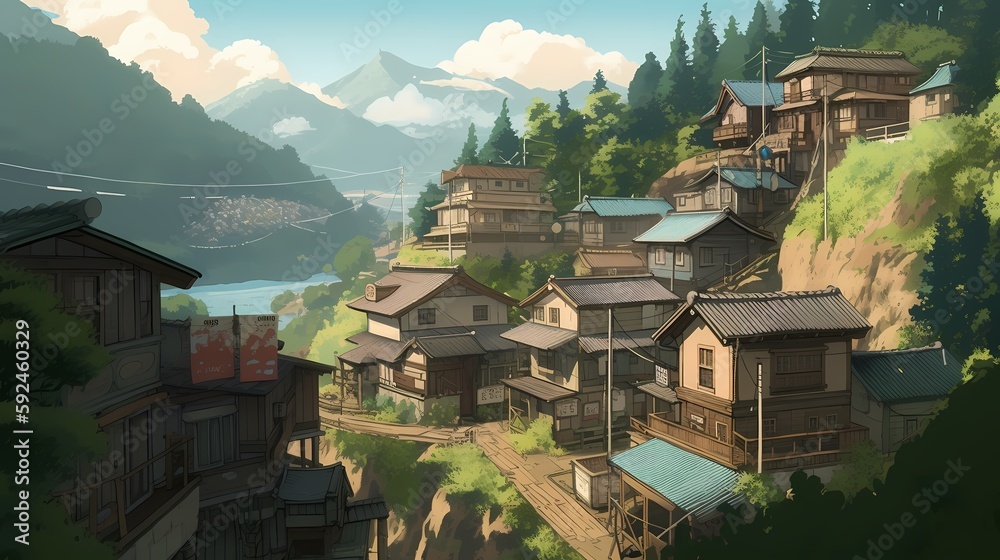 The village in Japan anime illustration is surrounded by breathtaking ...