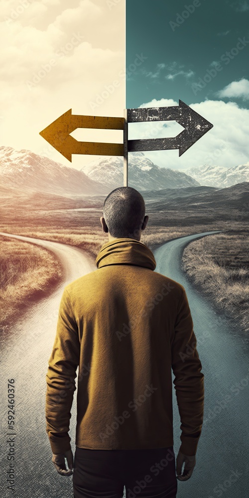 Man looks at road signs to the right and left making a decision about ...