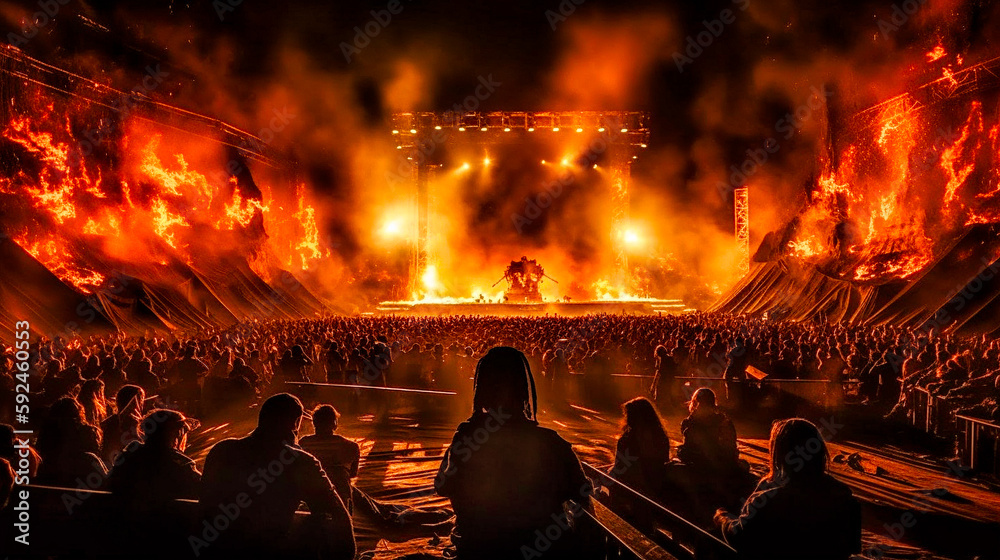 Silhouettes of Rock concert crowd in front of bright stage lights Fire ...