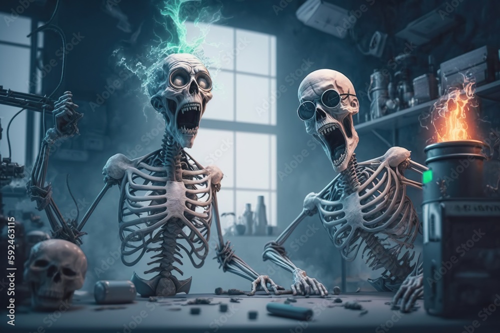 Skeletons dressed as scientists make a crazy experiment, created with ...