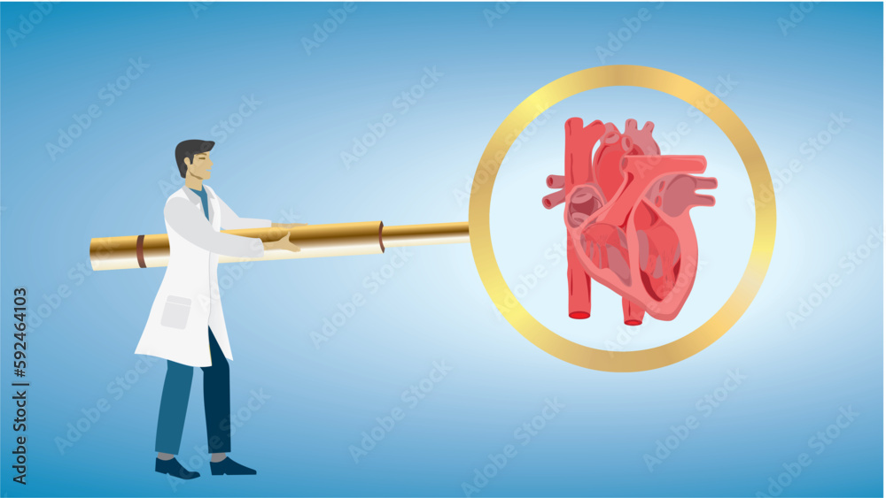 Man, doctor, researcher, surgeon taking a good look at heart with big ...