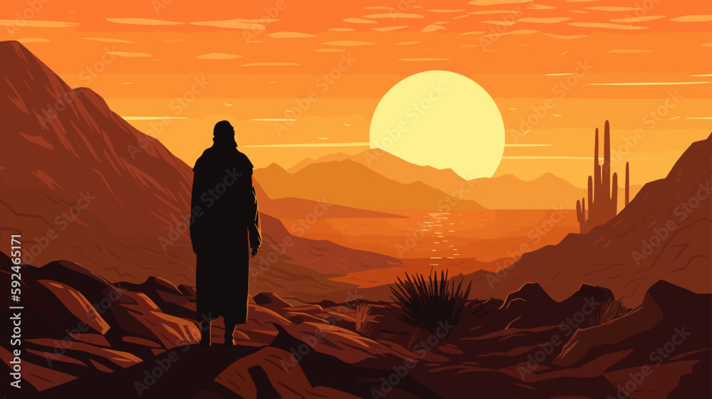 Christ in the desert sunset golden hour colorful illustration. An ...