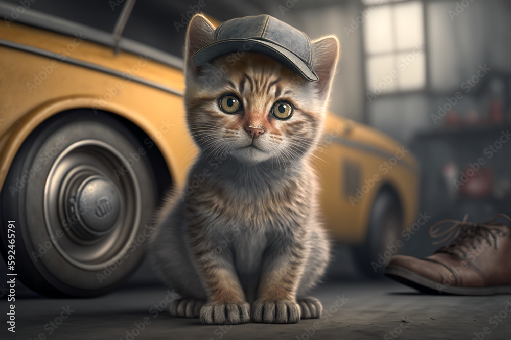 Cute cartoon kitten with cap curiously looking at viewer in the garage ...