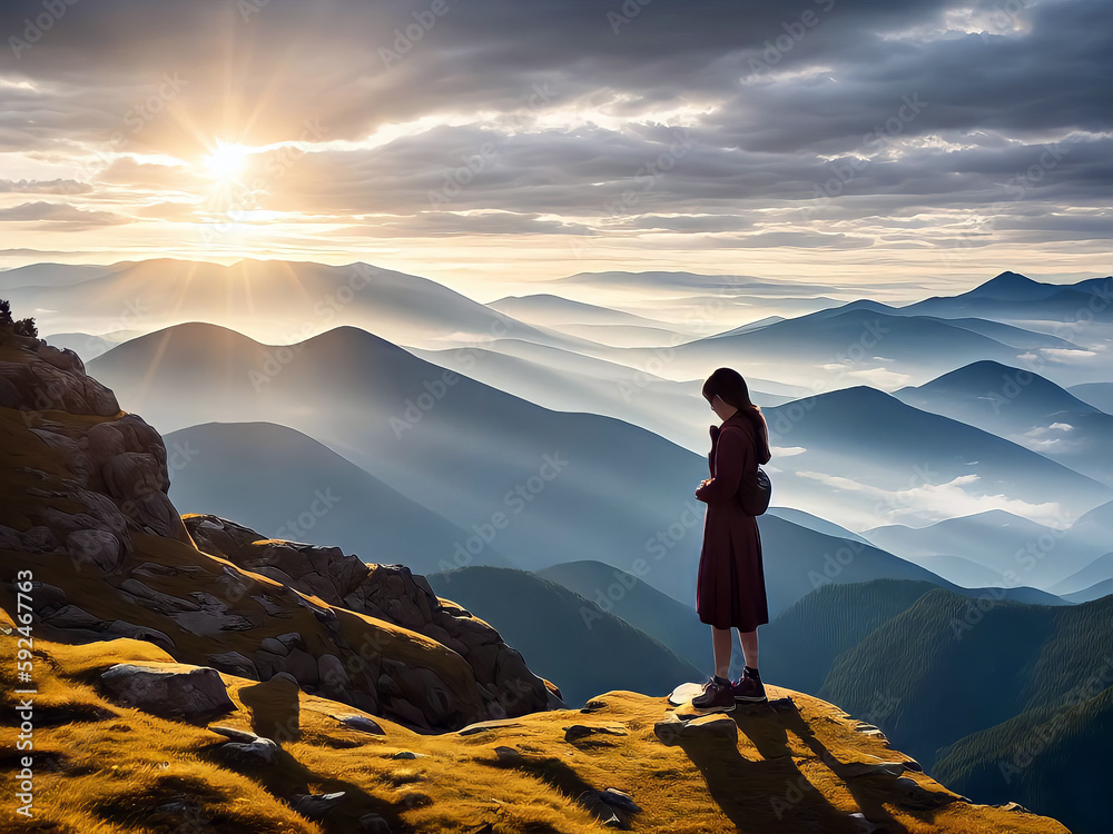 Spiritual Reflection, Image of Girl Praying on Top of Mountain with ...