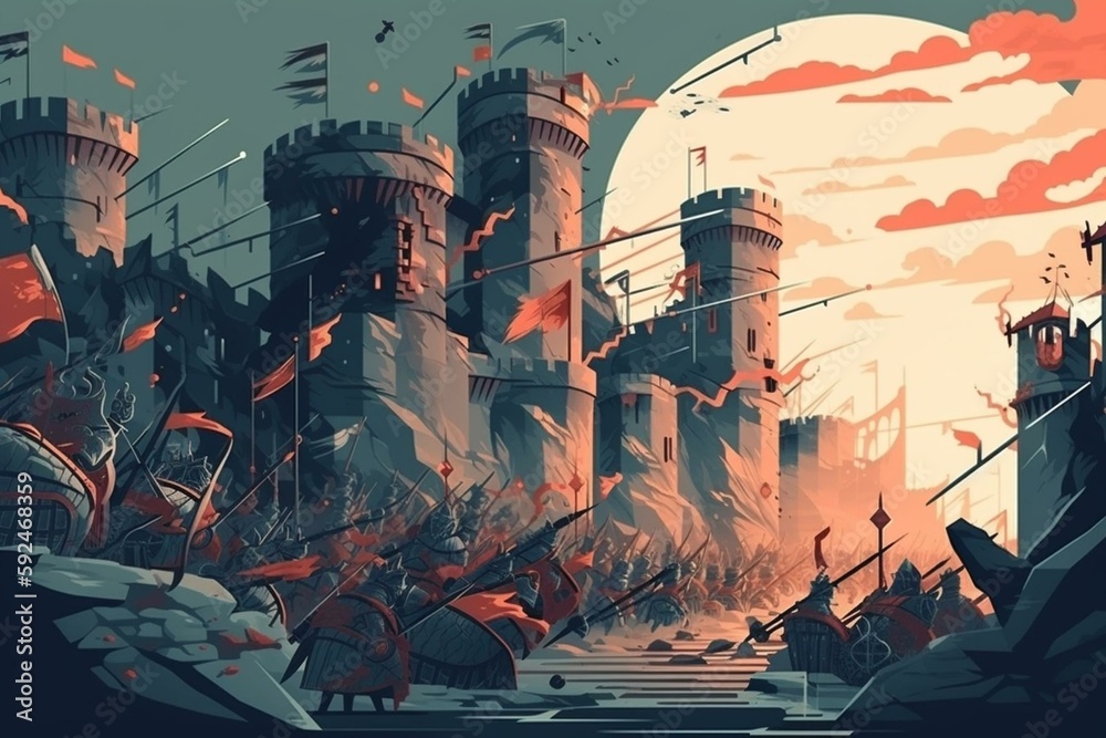 Storming of medieval castle fortress, siege of city walls. The battle ...