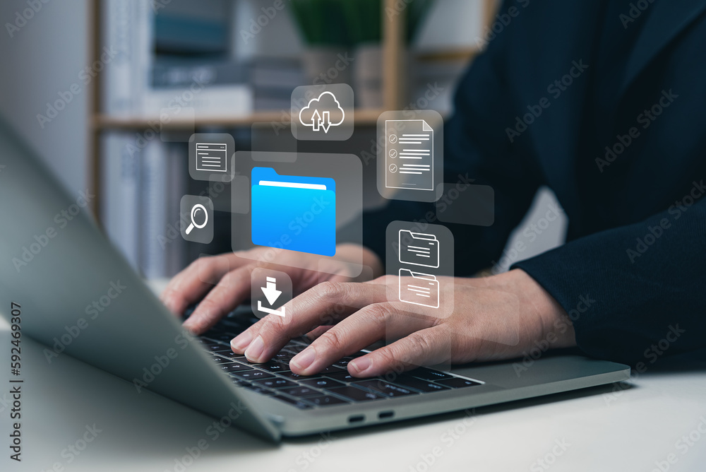 Document folder management system DMS concept, businessman using laptop ...