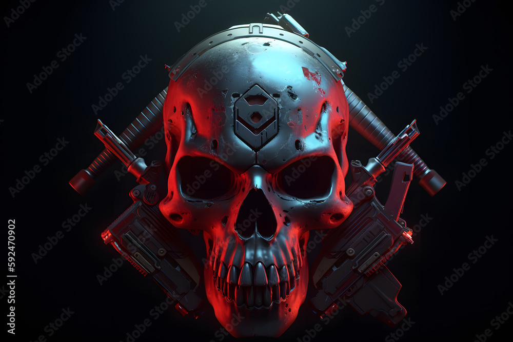 Red punk cyber human skull with weapon. Neural network AI generated art ...