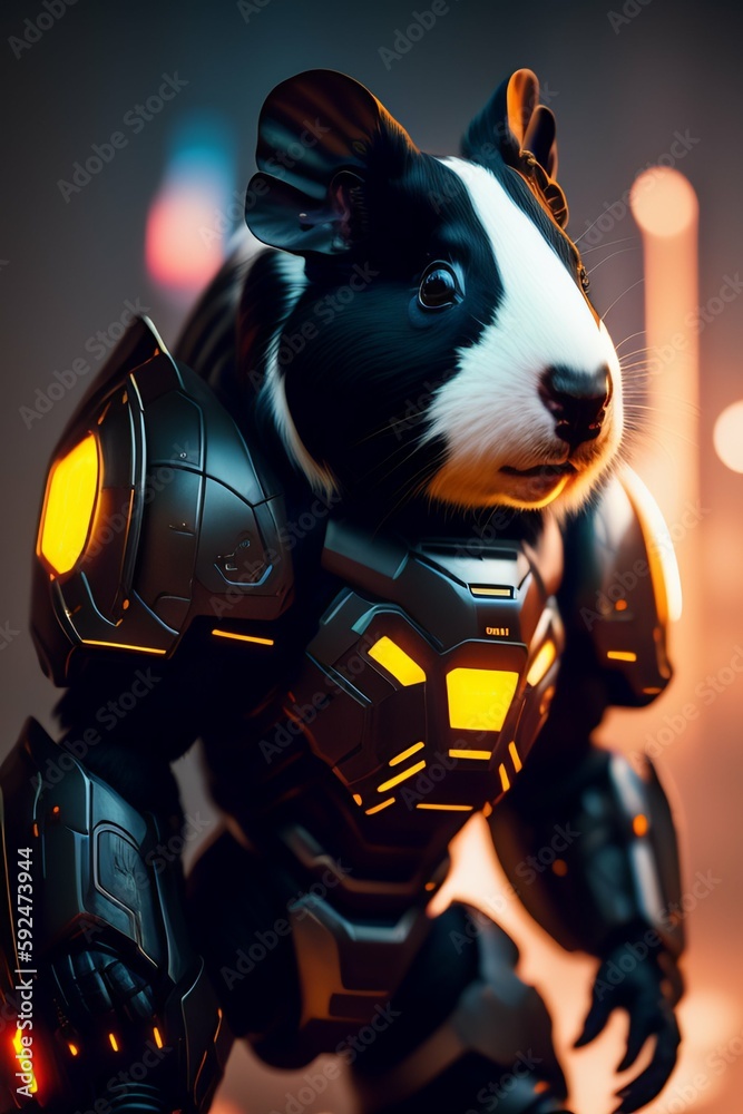 a black white guinea pig as the doomslayer, realistic scifi cyberpunk ...