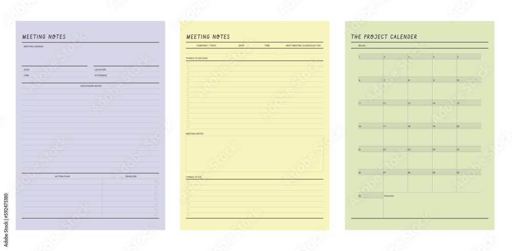 3 set of meeting notes and project calendar planner. Business organizer ...