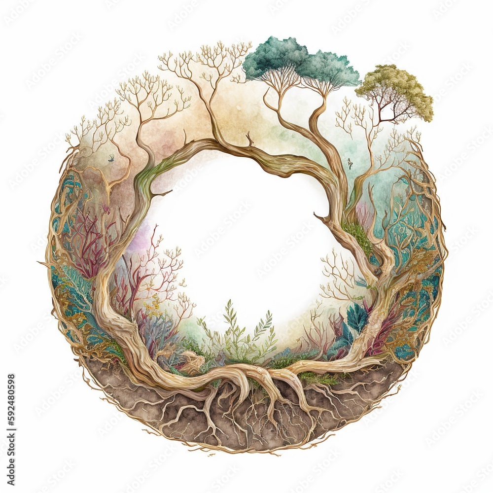Watercolor painting of intricate tree roots and vine arranged in ...
