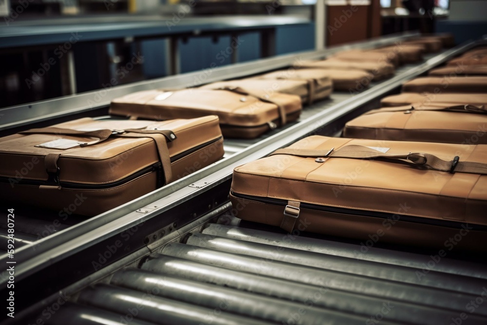 Lot of luggage on conveyor belt. Baggage sorting at airport. Traveling ...