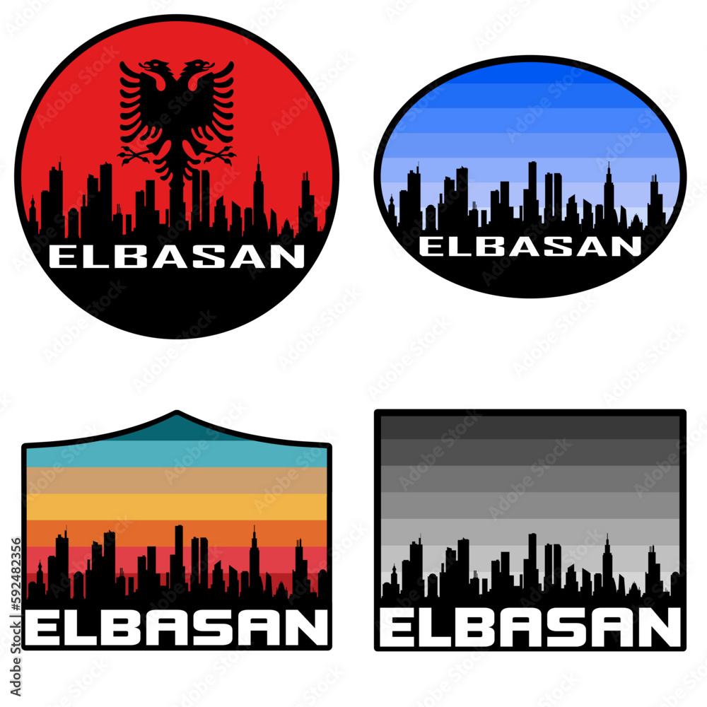 Elbasan Skyline Silhouette Albania Flag Travel Souvenir Sticker Sunset ...