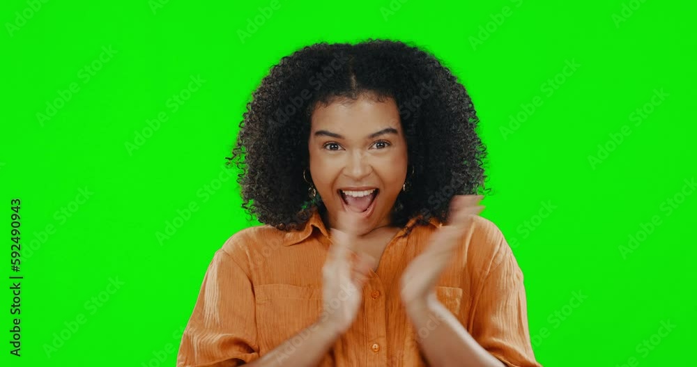 Green screen, excited and woman with surprise, celebration and applause ...